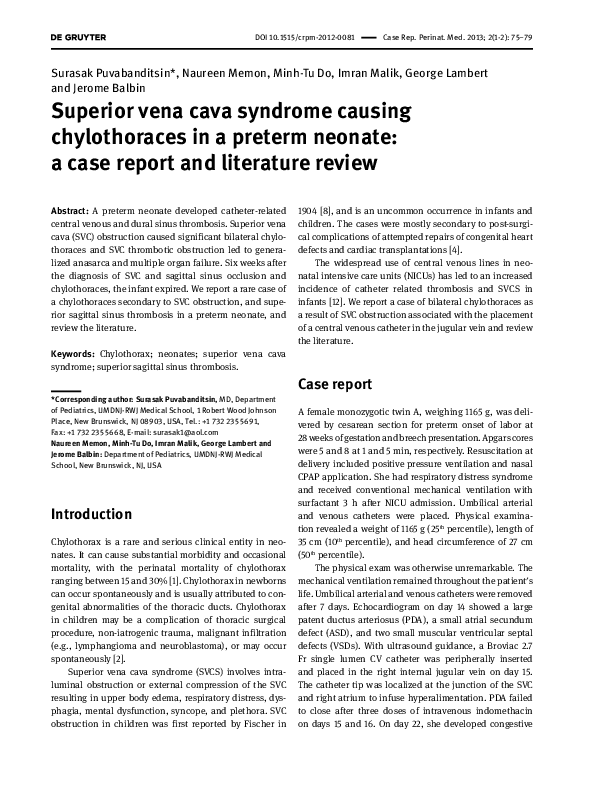 (PDF) Superior vena cava syndrome causing chylothoraces in a preterm ...