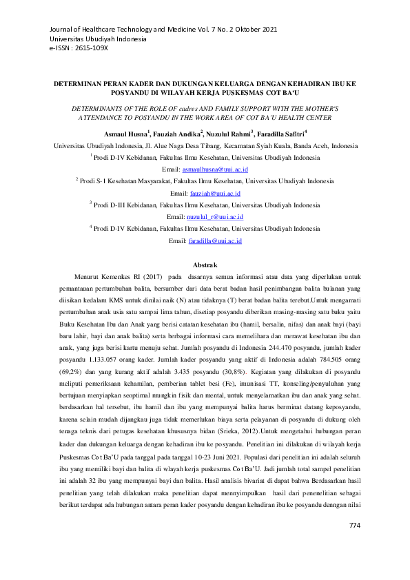 (PDF) Determinan Peran Kader Dan Dukungan Keluarga Dengan Kehadiran Ibu Ke Posyandu DI Wilayah ...