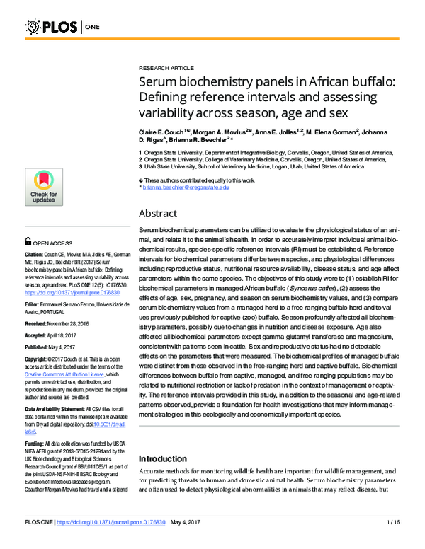 (PDF) Serum biochemistry panels in African buffalo: Defining reference ...