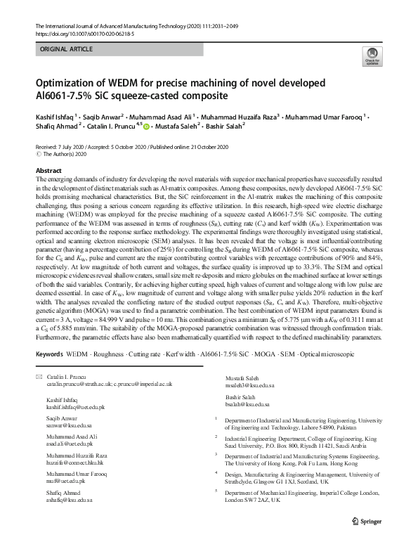 (PDF) Optimization of WEDM for precise machining of novel developed Al6061-7.5% SiC squeeze ...