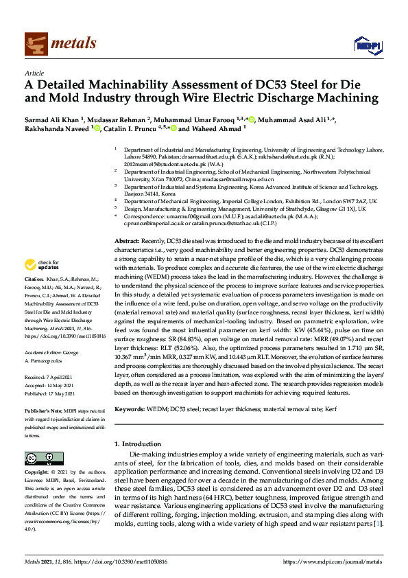 (PDF) A Detailed Machinability Assessment of DC53 Steel for Die and Mold Industry through Wire ...