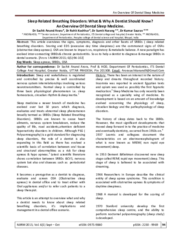 Pdf Sleep Related Breathing Disorders What Why A Dentist Should