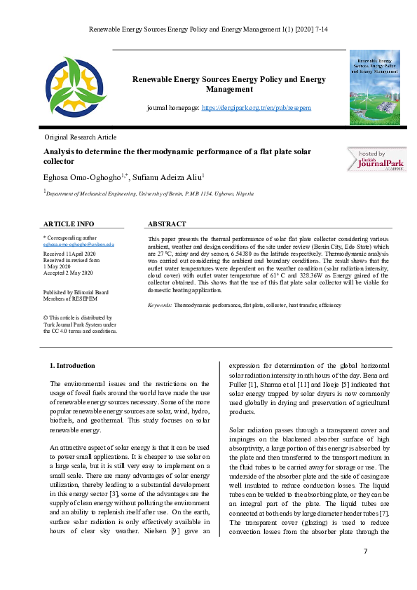 (PDF) Analysis to determine the thermodynamic performance of a flat plate solar collector