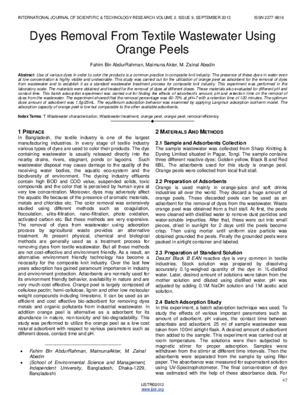 (PDF) Dyes Removal From Textile Wastewater Using Orange Peels