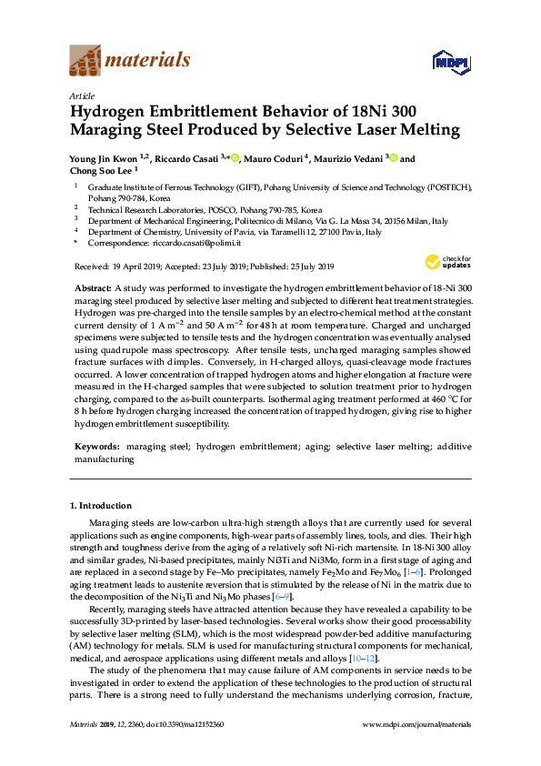 (PDF) Hydrogen Embrittlement Behavior of 18Ni 300 Maraging Steel Produced by Selective Laser Melting