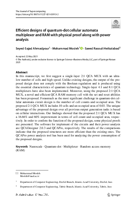Pdf Efficient Designs Of Quantum Dot Cellular Automata Multiplexer And Ram With Physical Proof 