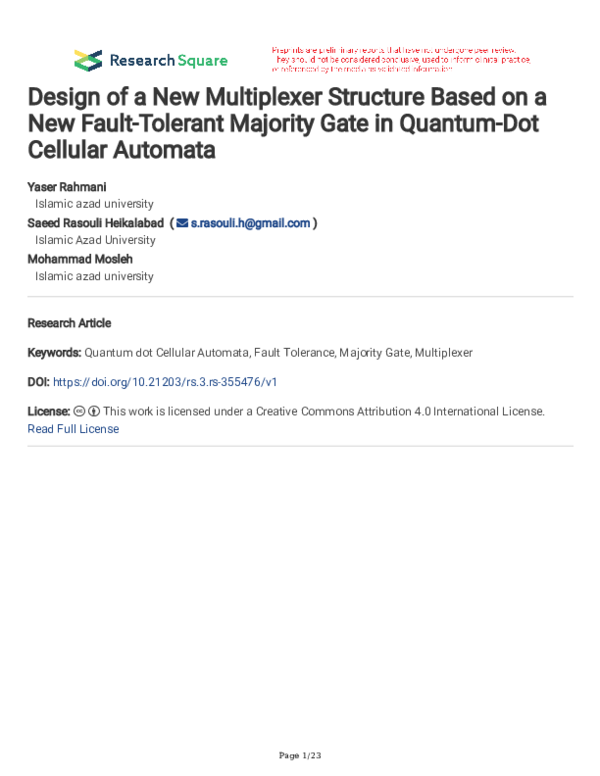 (PDF) Design of a new multiplexer structure based on a new fault-tolerant majority gate in ...