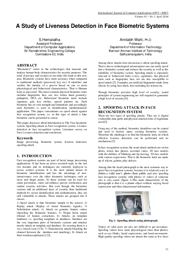 (PDF) A Study of Liveness Detection in Face Biometric Systems