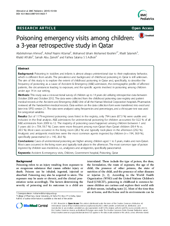(PDF) Poisoning emergency visits among children: a 3-year retrospective study in Qatar