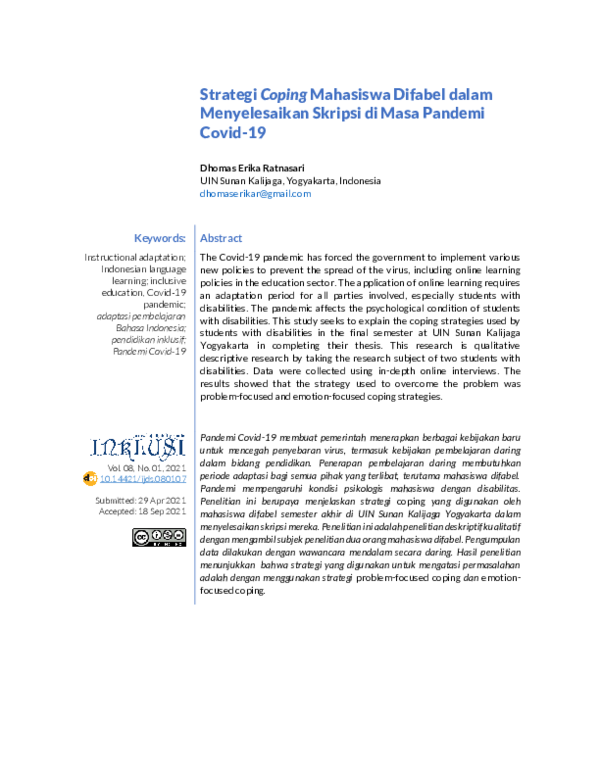 (PDF) Strategi Coping Mahasiswa Difabel dalam Menyelesaikan Skripsi di Masa Pandemi Covid-19