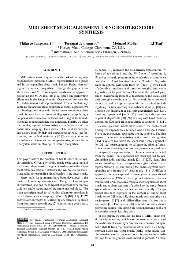 (PDF) MIDI-Sheet Music Alignment Using Bootleg Score Synthesis
