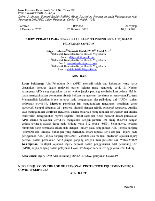 (PDF) Injury Perawat Pada Penggunaan Alat Pelindung Diri (Apd) Dalam ...