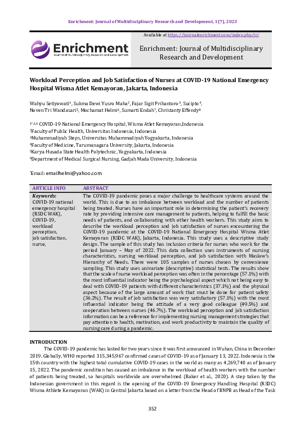 (PDF) Workload Perception and Job Satisfaction of Nurses at COVID-19 ...