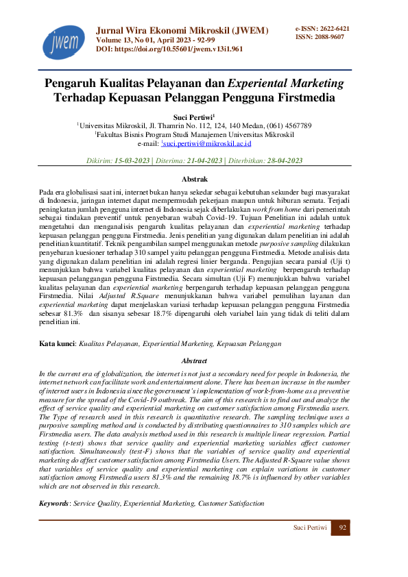 (PDF) Pengaruh Kualitas Pelayanan dan Experiental Marketing Terhadap Kepuasan Pelanggan Pengguna ...