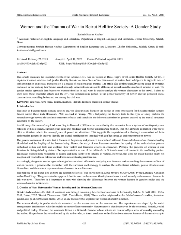(PDF) Women and the Trauma of War in Beirut Hellfire Society: A Gender Study