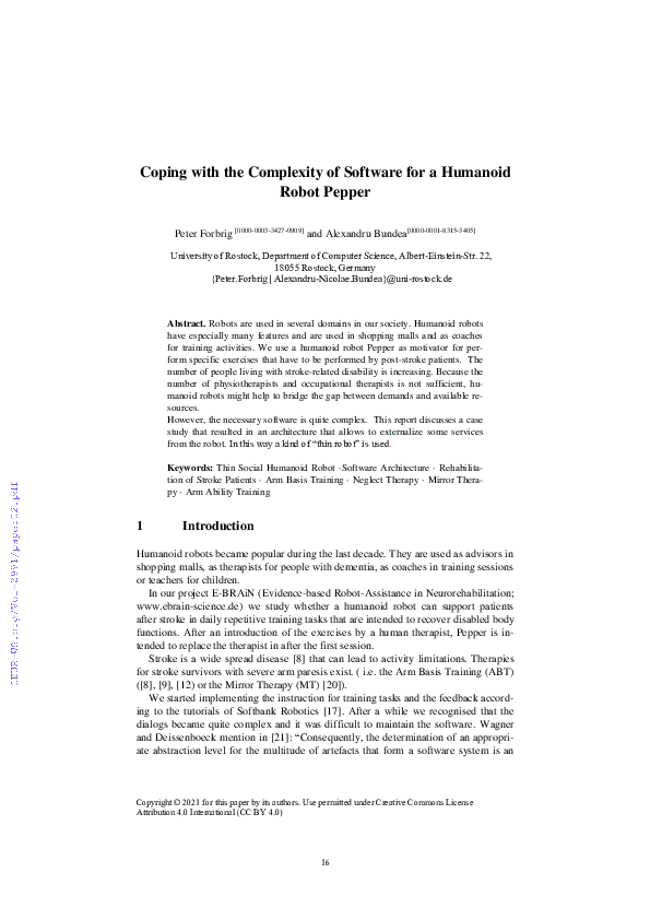 (PDF) Coping with the Complexity of Software for a Humanoid Robot Pepper