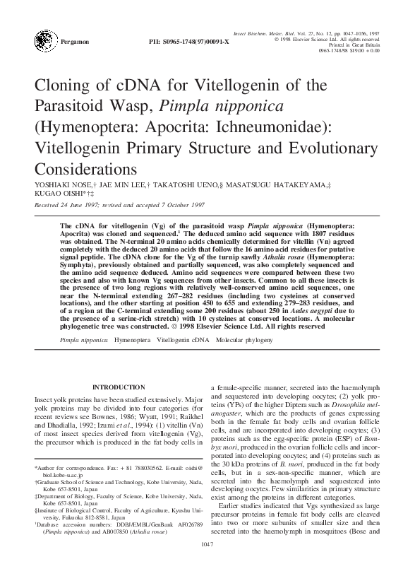 (PDF) Cloning of cDNA for Vitellogenin of the Parasitoid Wasp, Pimpla ...