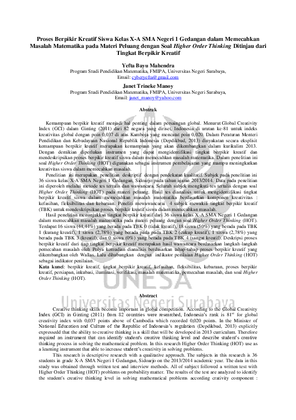 (PDF) Proses Berpikir Kreatif Siswa Kelas X-A SMA Negeri 1 Gedangan dalam Memecahkan Masalah ...