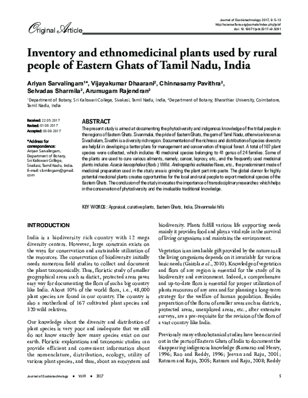 (PDF) Inventory and ethnomedicinal plants used by rural people of Eastern Ghats of Tamil Nadu, India