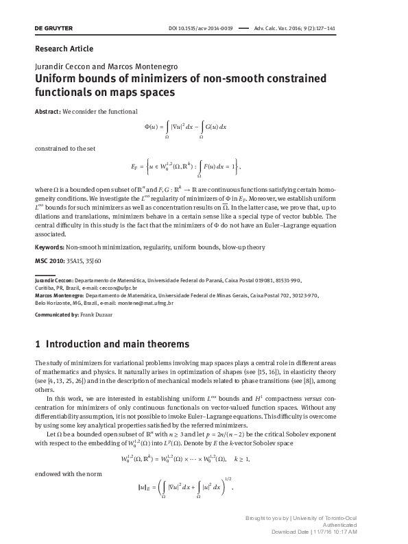 (PDF) Uniform bounds of minimizers of non-smooth constrained functionals on maps spaces