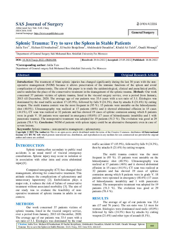 (PDF) Splenic Trauma: Try to save the Spleen in Stable Patients