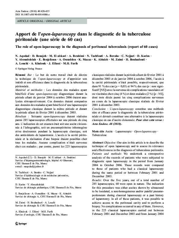 (PDF) Apport de l’open-laparoscopy dans le diagnostic de la tuberculose ...