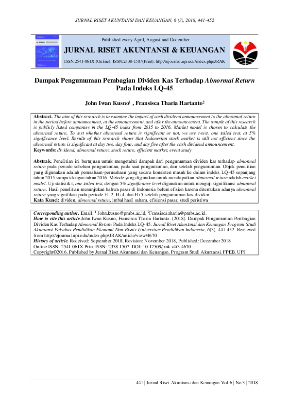 (PDF) Dampak Pengumuman Pembagian Dividen Kas Terhadap Abnormal Return ...