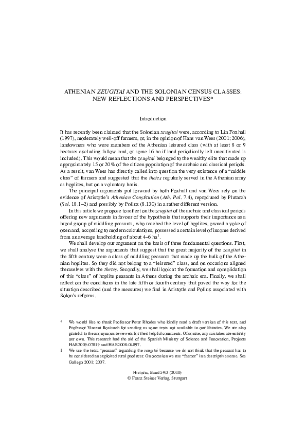 (PDF) Athenian Zeugitai and the Solonian Census Classes: New ...