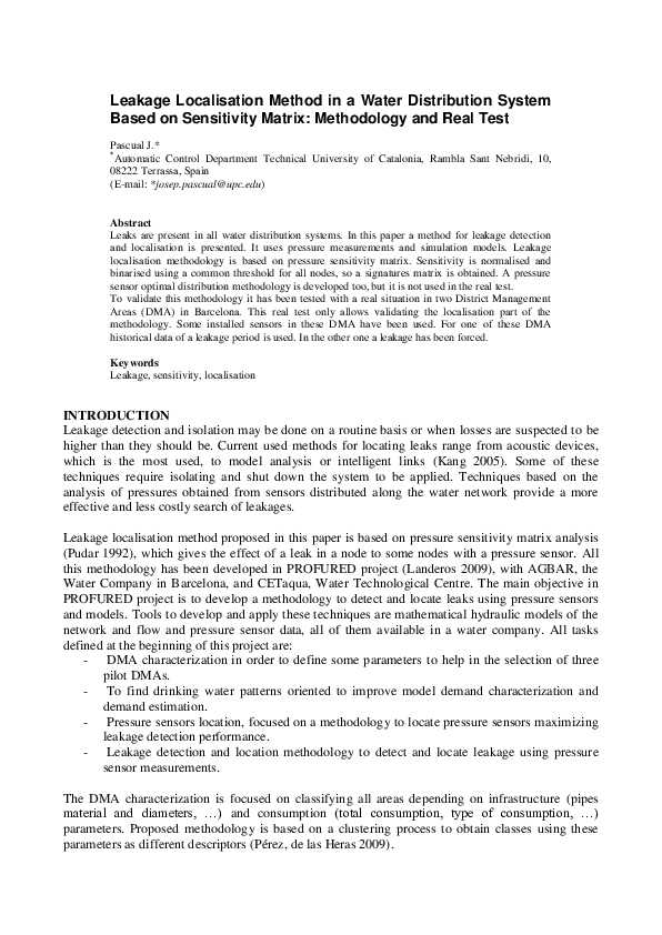 Pdf Leakage Localisation Method In A Water Distribution System Based