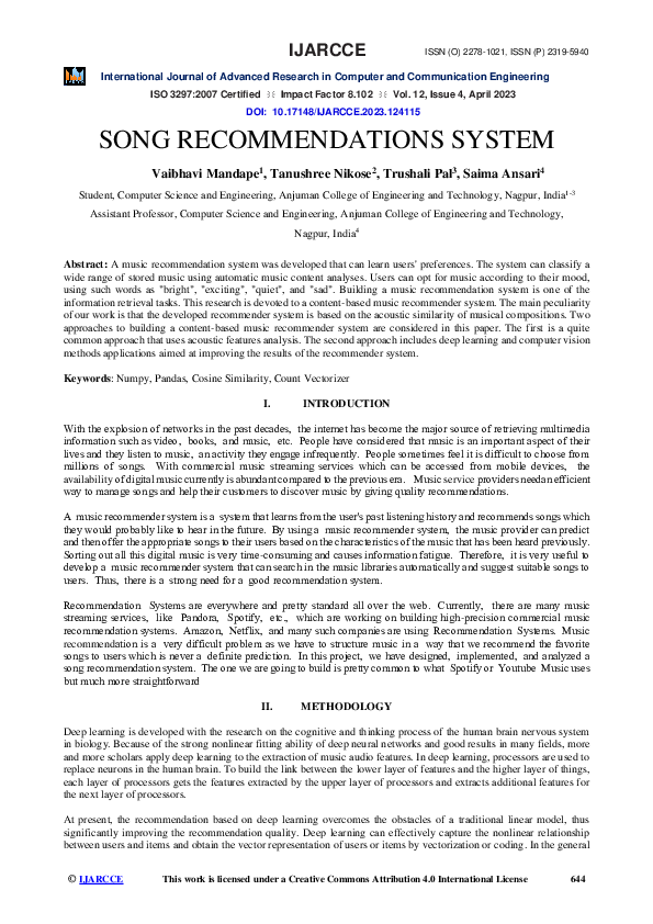 (PDF) Song Recommendations System