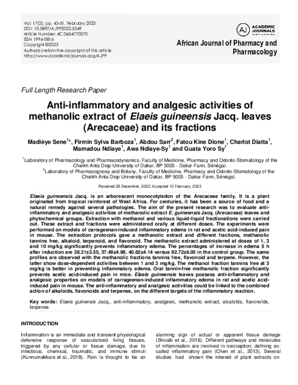 (PDF) Anti-inflammatory and analgesic activities of methanolic extract of Elaeis guineensis Jacq ...