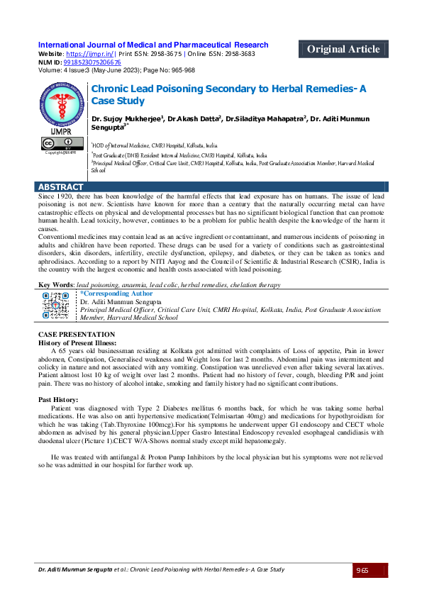(PDF) Chronic Lead Poisoning Secondary to Herbal Remedies-A Case Study