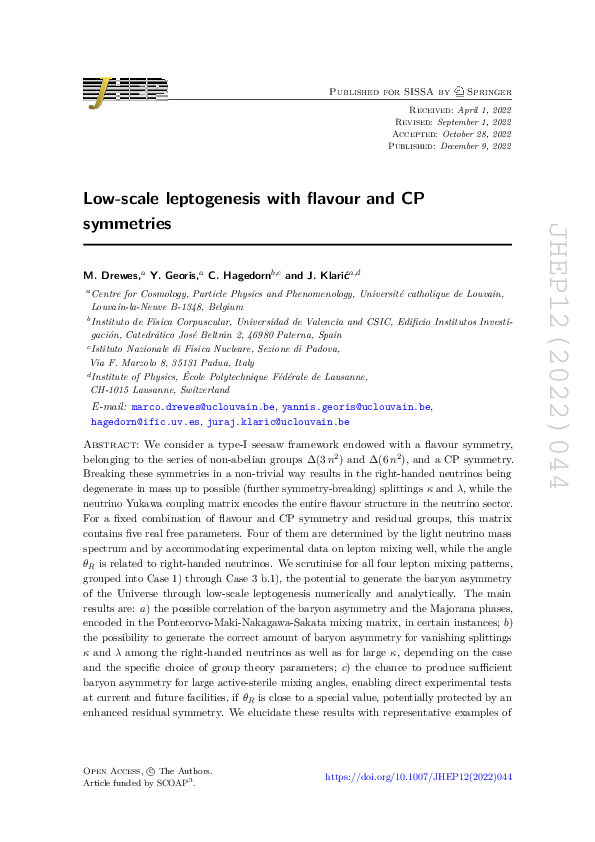 (PDF) Low-scale leptogenesis with flavour and CP symmetries