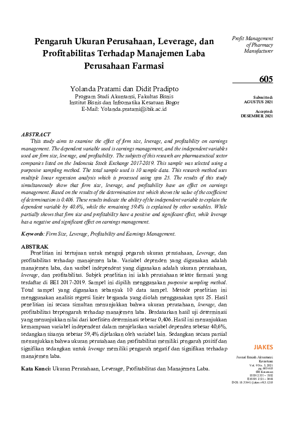 (PDF) Pengaruh Ukuran Perusahaan, Leverage, dan Profitabilitas Terhadap Manajemen Laba