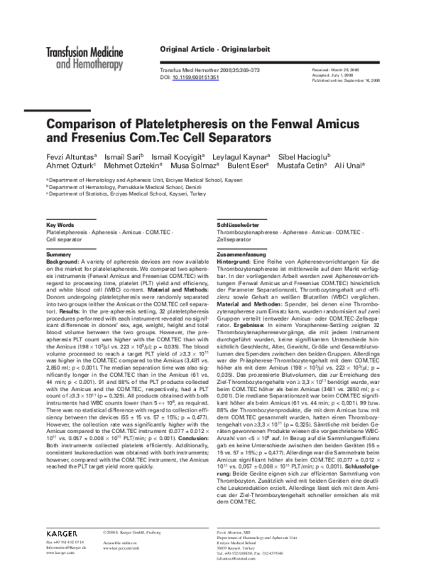 (PDF) Comparison of Plateletpheresis on the Fenwal Amicus and Fresenius ...