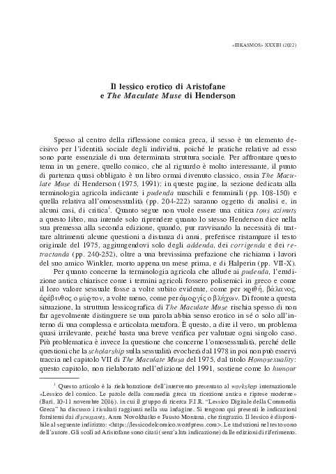 (PDF) Il lessico erotico di Aristofane e The Maculate Muse di Henderson