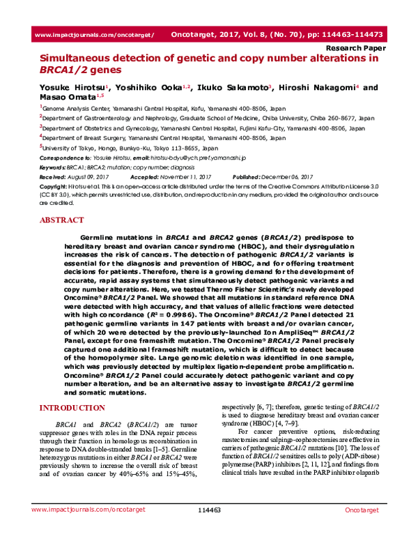 Pdf Simultaneous Detection Of Genetic And Copy Number Alterations In Brca1 2 Genes