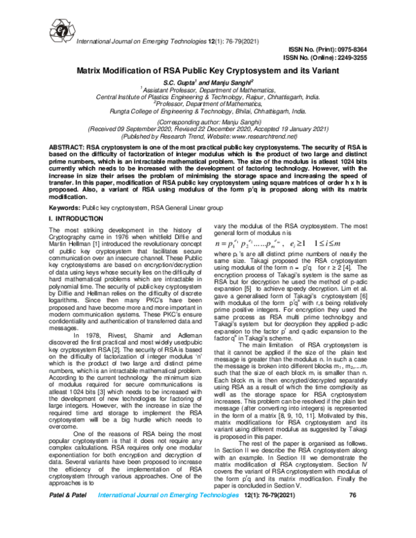 (PDF) Matrix Modification of RSA Public Key Cryptosystem and its Variant