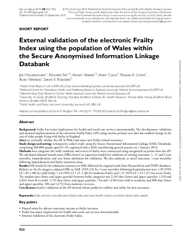 (PDF) External validation of the electronic Frailty Index using the population of Wales within ...