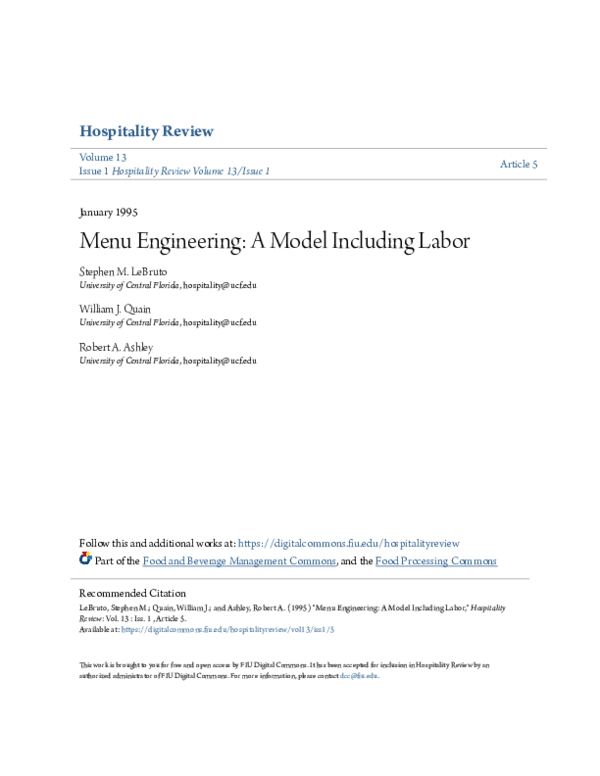(PDF) Menu Engineering: A Model Including Labor