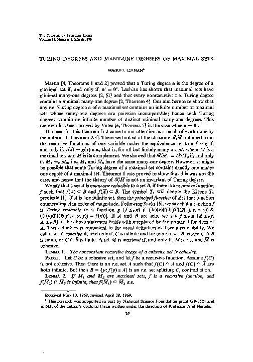 (PDF) Turing degrees and many-one degrees of maximal sets