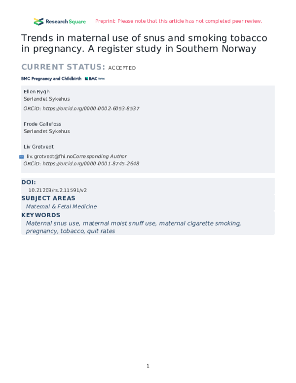 (PDF) Trends in maternal use of snus and smoking tobacco in pregnancy. A register study in ...