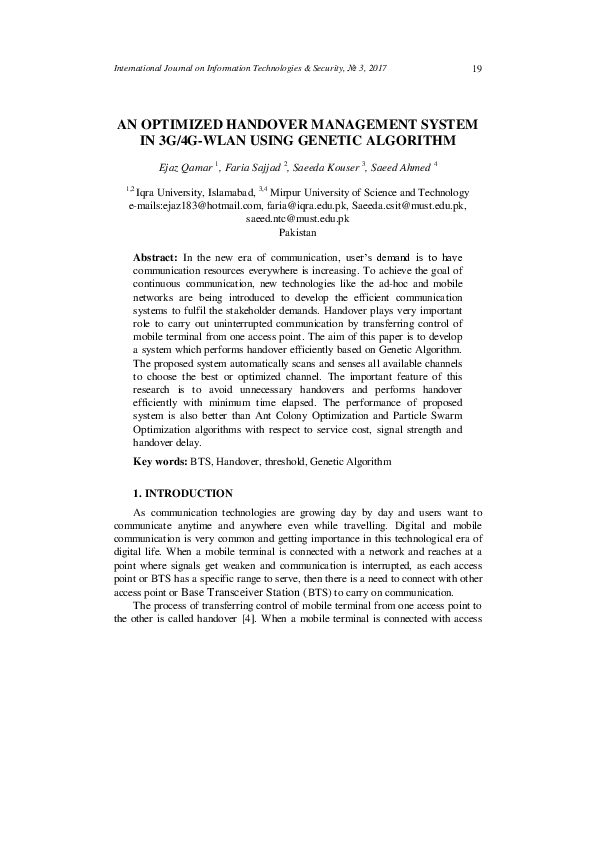 (PDF) An Optimized Handover Management System in 3 G / 4 G-Wlan Using Genetic Algorithm
