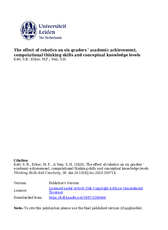 Pdf The Effect Of Robotics On Six Graders Academic Achievement Computational Thinking Skills
