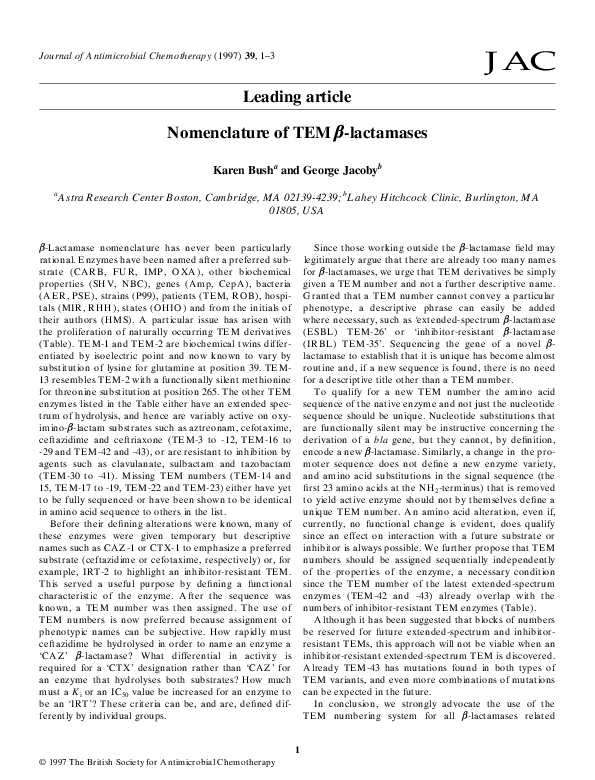 (PDF) Nomenclature of TEM beta-lactamases