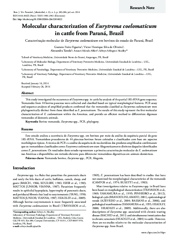 (PDF) Molecular characterization of Eurytrema coelomaticum in cattle from Paraná, Brazil