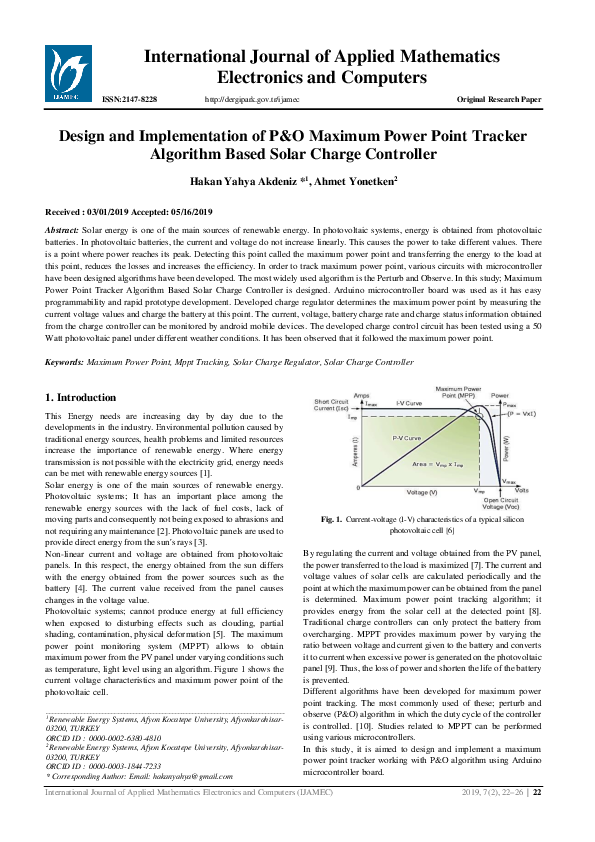(PDF) Design and Implementation of P&O Maximum Power Point Tracker Algorithm Based Solar Charge ...