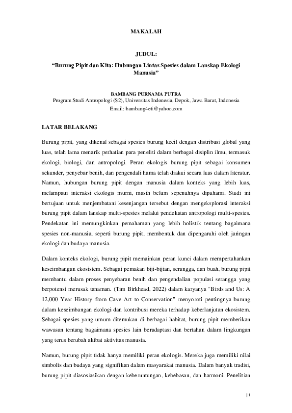 (PDF) "Burung Pipit dan Kita: Hubungan Lintas Spesies dalam Lanskap ...