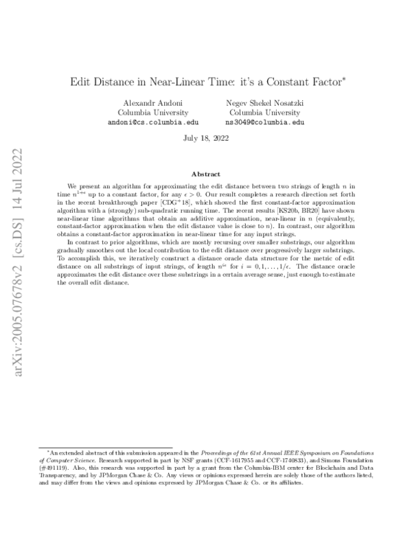 (PDF) Edit Distance in Near-Linear Time: it's a Constant Factor