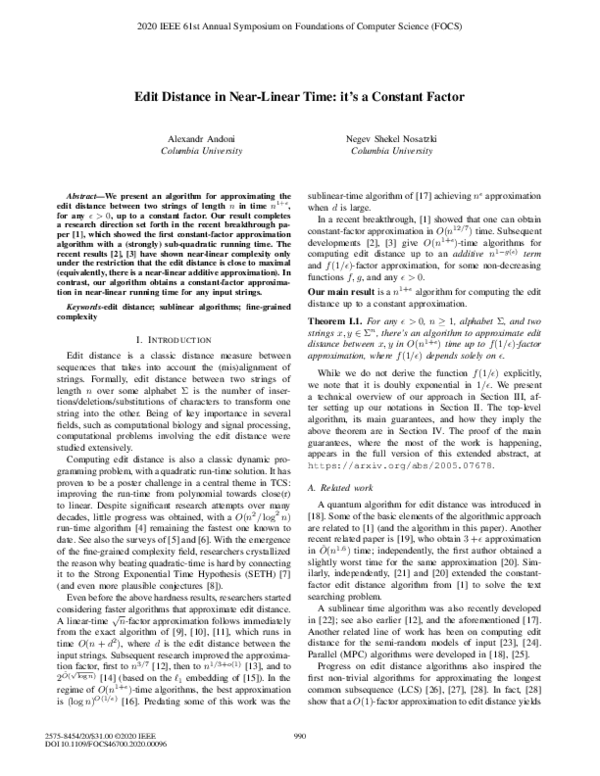(PDF) Edit Distance in Near-Linear Time: it's a Constant Factor